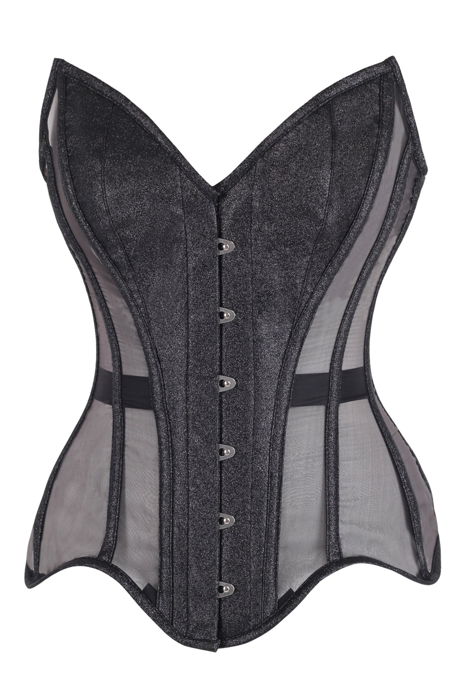 Midnight Sheer Mesh Corset – Shimmer Black Lace-Up Waist Cincher