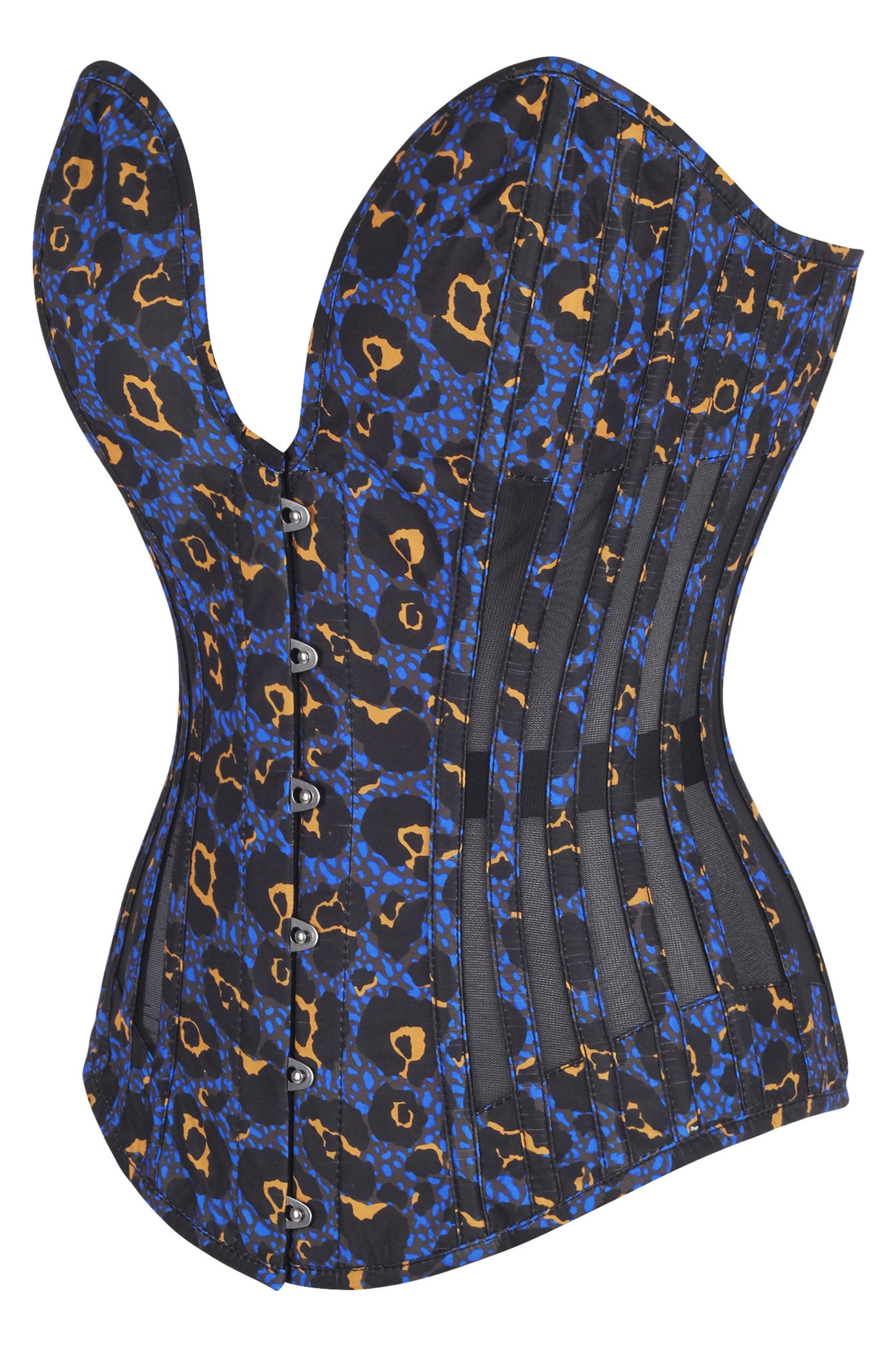 Purple Leopard Print Overbust Corset with Plunge Neckline and Side Mes