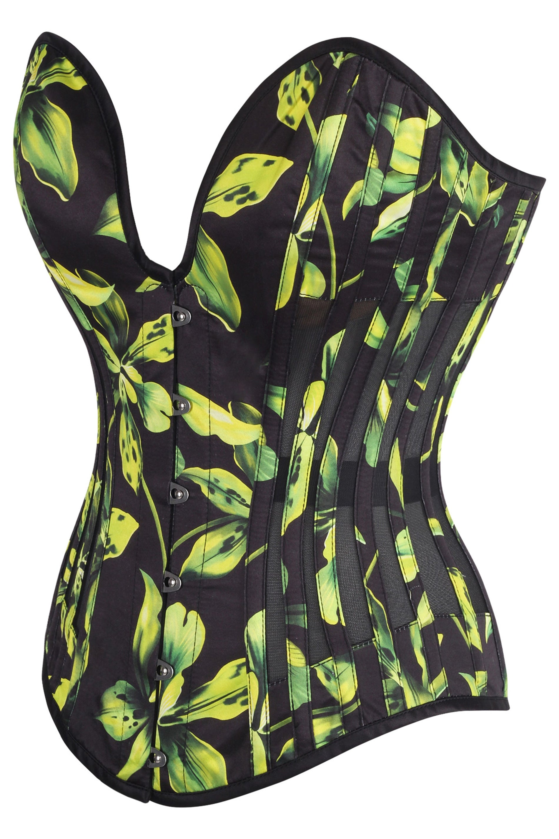 Green and Black Floral Print Overbust Corset with Plunge Neckline and